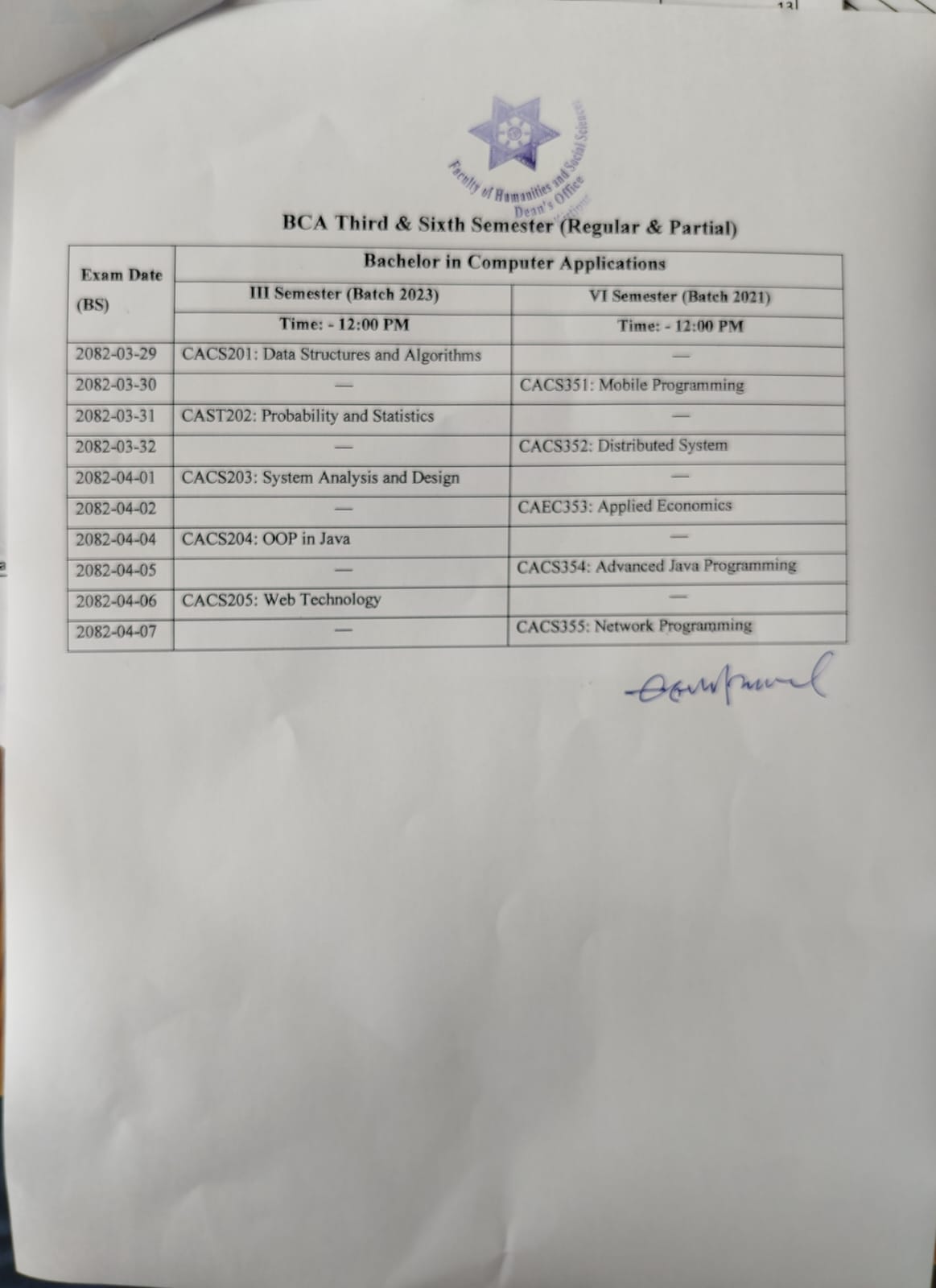 BCA Third and Sixth Semester Board Exam Schedule – Samriddhi College